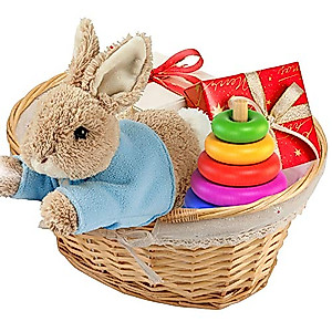 ZEONHEI Oval Wicker Woven Basket, Attractive Willow Woven Gift Basket, Cheap Fruit Picnic Easter Candy Wedding Party Decoration Serving Basket with Folding Handles and Linen Cloth Lining, Natural