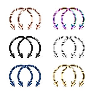 Ruifan 12PCS Assorted Colors Surgical Steel CBR Non-Piercing Fake Nose Septum Horseshoe Earring Eyebrow Tongue Lip Piercing Ring with 3mm Spikes 16G 10mm