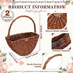 Willinglong 2 Pcs Wicker Flower Girl Baskets Small Wicker Basket with Handle Boho Wedding Baskets Half Moon Wicker Flower Basket Rattan Woven Gift Basket for Wedding Party Bridal Shower (Dark Color)