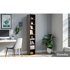 MAKIAAP Dark Brown Tall Narrow Bookshelf,8-Tiers Bookcase with Adjustable Shelves,Double-Decker Combination Thin Media Tower Rack,CD DVD Slim Storage Cabinet for Living Room,Bedroom,Studio and Office