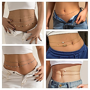 FUNEIA 12Pcs Beach Bikini Belly Chain for Women Boho Gold Waist Chain for Women Simple Boho Waist Beads Body Chain Summer Body Accessories Jewelry Adjustable