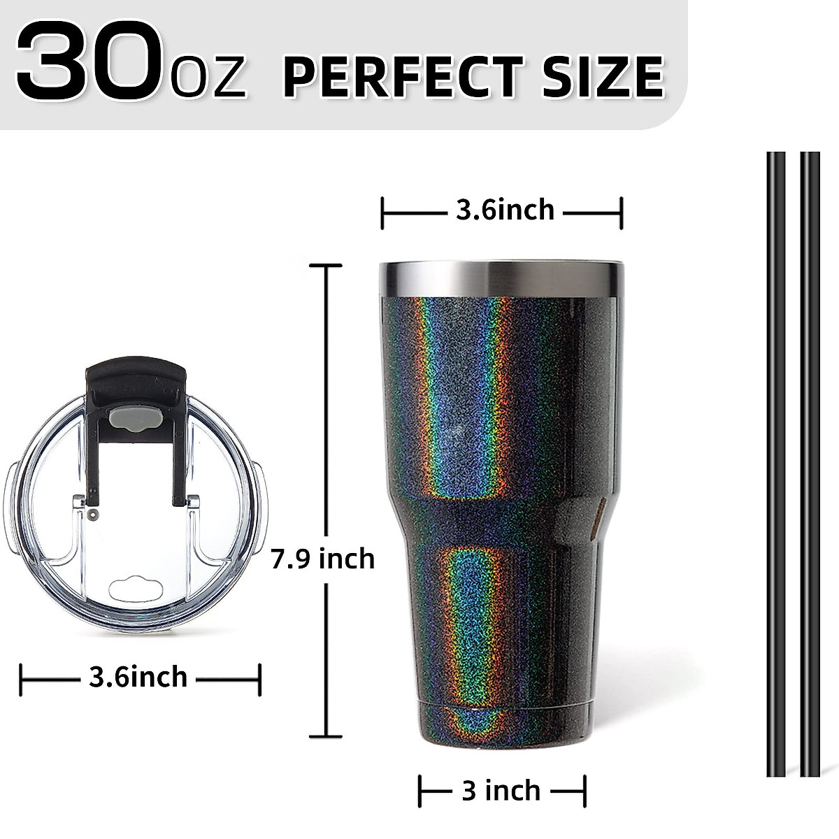Zibtes 30oz Insulated Tumbler With Lid and Straws, Stainless Steel Double Vacuum Coffee Tumbler, Powder Coated Travel Mug for Home, Office, Travel, Party (Glitter Black 1 pack)
