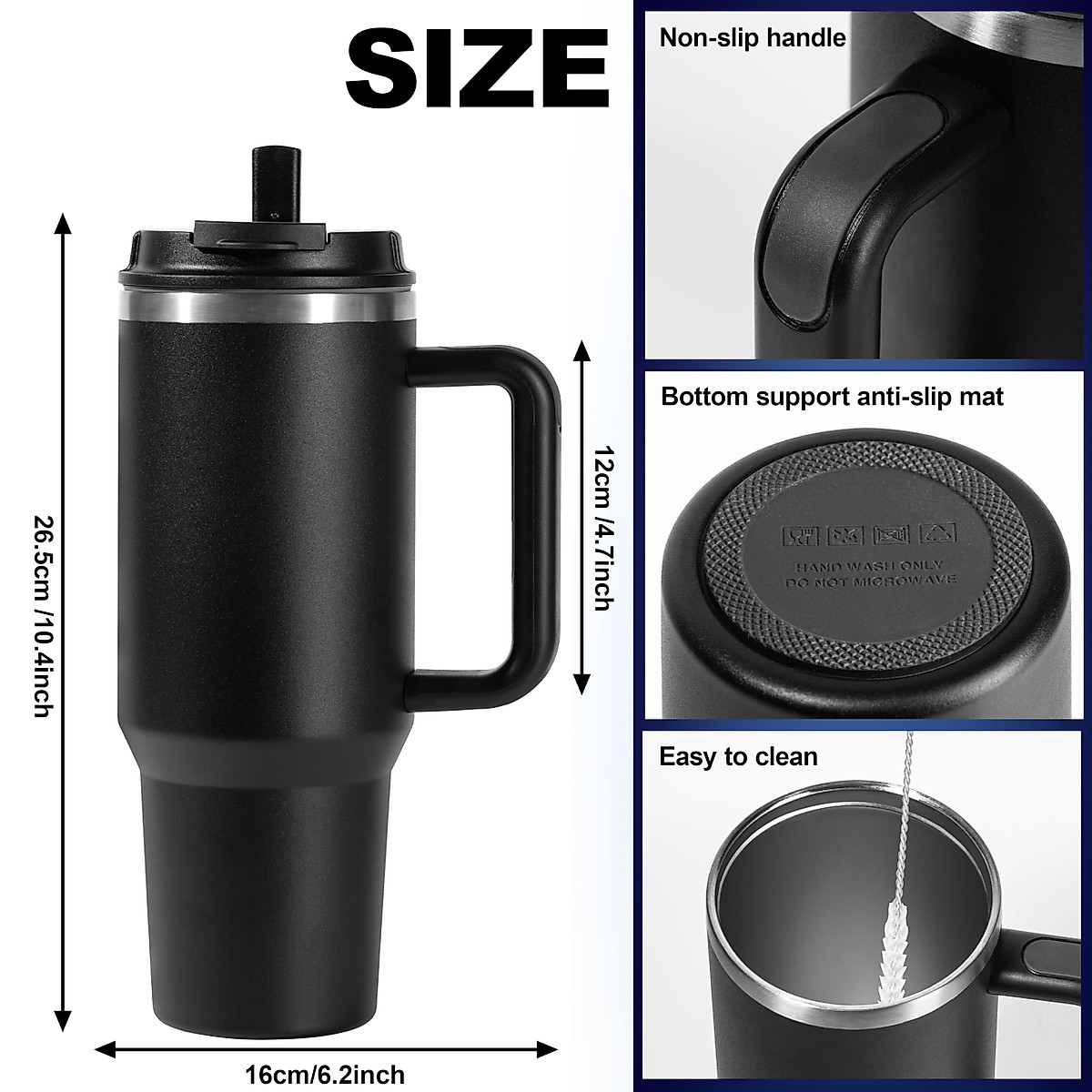 Klickpick Home 40 Ounce Stainless Steel Vaccum Insulated Thermal Tumbler With Handle Lid 2 straws, Reusable Travel Coffee Mug Cup Cupholder friendly, Keeps cold for 30 H, 100% Leakproof, Black