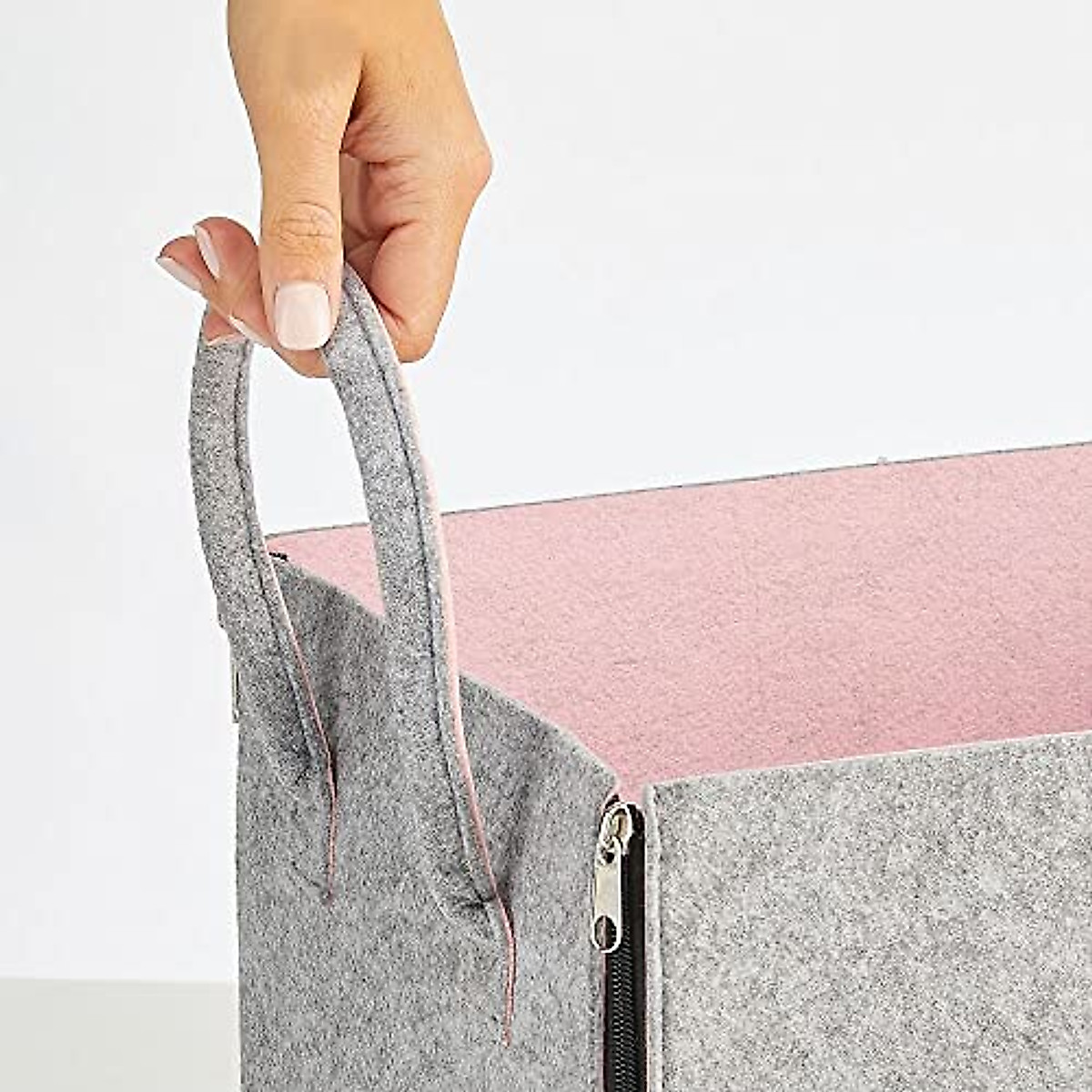 mDesign Soft Felt Cube Bin Box with Zipper - Attached Handles - Storage for Closet, Bedroom, Furniture Shelving Units - Textured Print - Light Pink/Light Gray