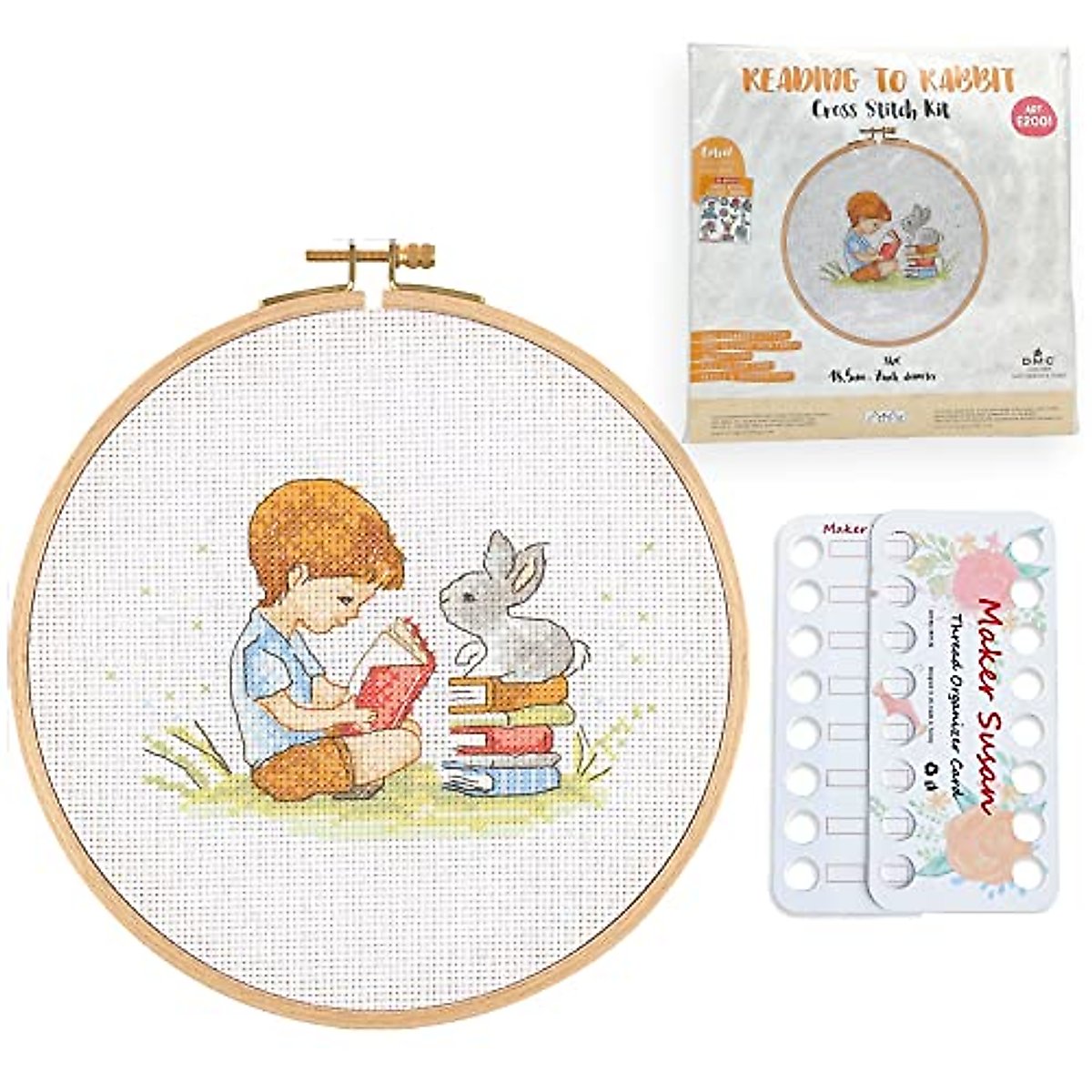Maker Susan Reading to Rabbit Pattern Counted Cross Stitch Kits for Adults and Beginners with Wooden Hoop, DMC Fabric, Threads and Needles, Embroidery Thread Floss Organizer Cards (E2001)