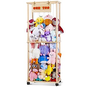 Purelax Stuffed Animal Zoo Storage - Wood Zoo Animals Toy Holder with Wheel, Animal Cage Organizer, Ball Storage, Zoo Cage for Plush Toys for Playroom Bedroom Nursery Room