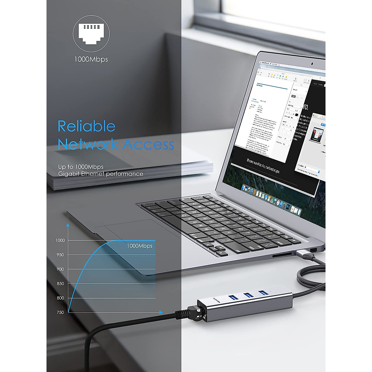LENTION 3-Port USB 3.0 Hub with Gigabit Ethernet Adapter Compatible MacBook Air/Pro (Previous Generation), iMac, Surface, Chromebook, More Type A Laptops - Ultra Slim (CB-H23s-0.5M, Space Gray)