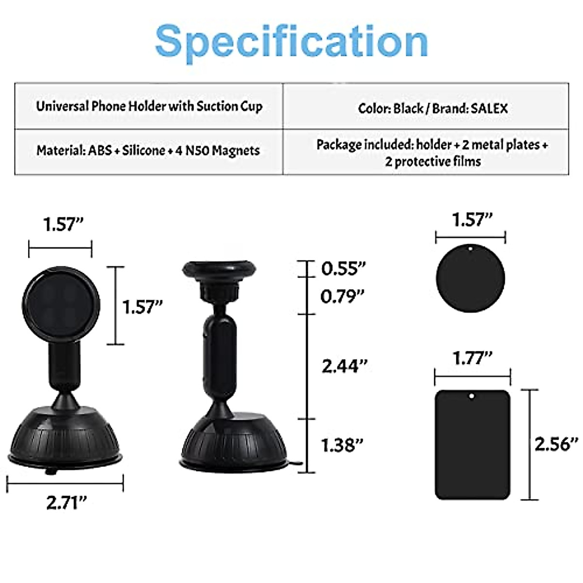 SALEX Magnetic Phone Mount with Suction Cup for Car Dashboard, Windshield. Black Cell Phone Holder in Car. Universal Adjustable, Rotatable Mobile Phone Bracket for Gadgets, Smartphones, Tablets, GPS.