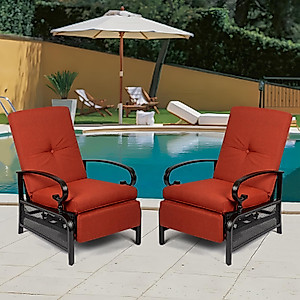 Patiomore 2 Pack Patio Adjustable Lounge Chair, Outdoor Recliner Metal Automatic Chaise Chair with Removable Cushions, Red