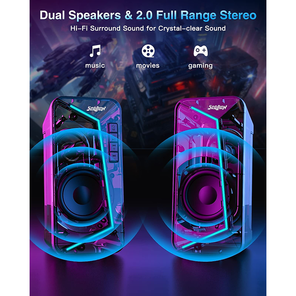 SOULION R40 Computer Speakers, USB/Bluetooth V5.3 Desktop Speakers for PC Monitor Gaming, with Customize 6 Lighting Effects, 2.0 Channel Surround Stereo & Quality Bass
