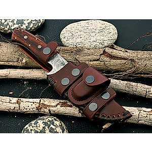 Damascus Steel Hunting Knife Fixed blade knife Damascus Bolster Walnut Wood Handle Mosaic Pin, Bush craft, Outdoor Camping, with Cowhide Leather Sheath – BW-4144