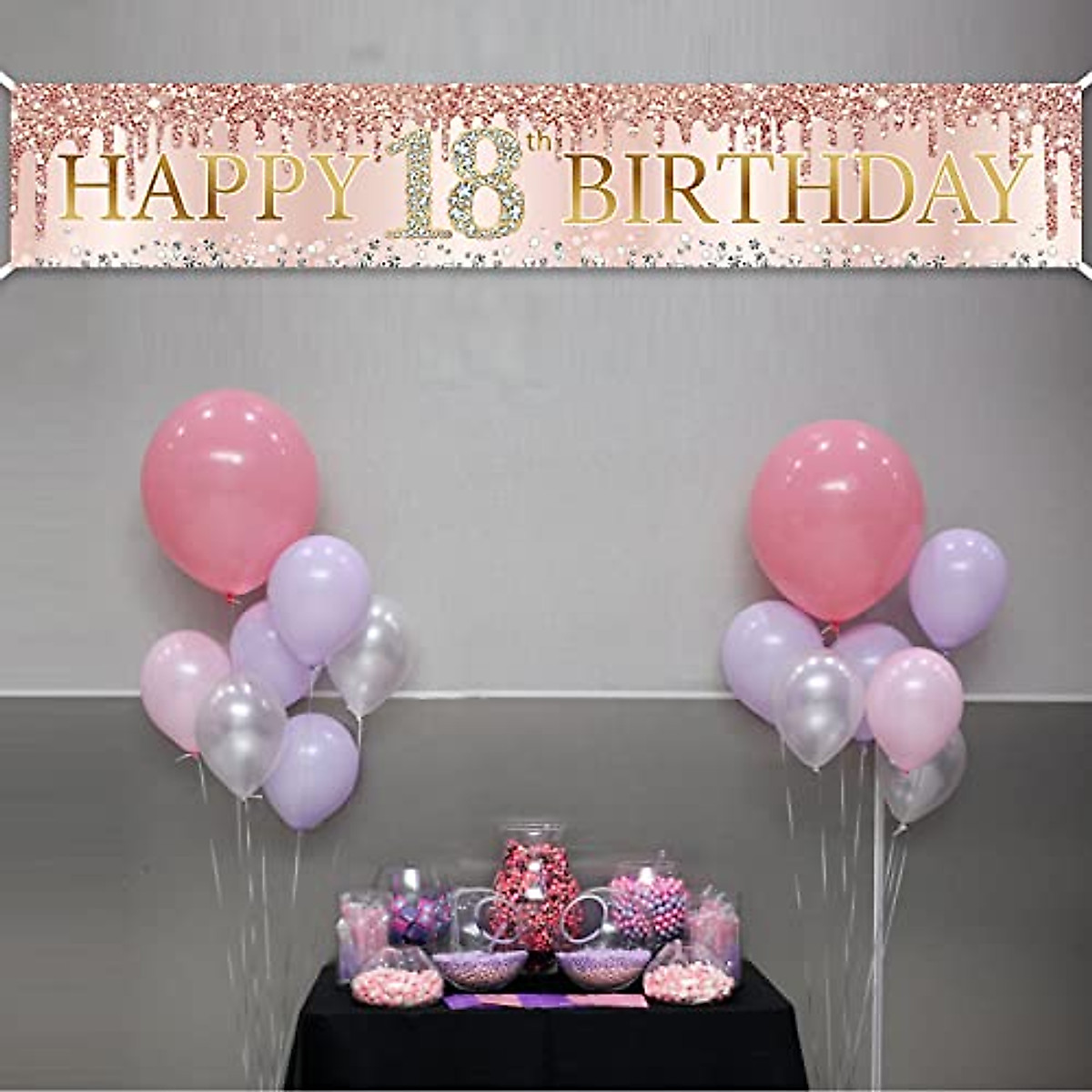 Happy 18th Birthday Banner Decorations for Girls, Pink Rose Gold Happy 18 Birthday Yard Banner Sign Party Supplies, Large Eighteen Years Old Birthday Décor for Outdoor Indoor(9.8x1.6ft)
