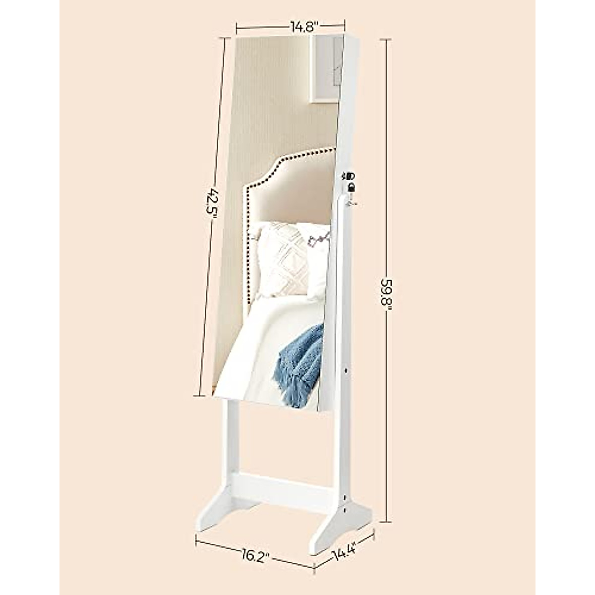SONGMICS Jewelry Cabinet Armoire, Freestanding Lockable Storage Organizer Unit with 2 Plastic Cosmetic Storage, Full-Length Frameless Mirror, for Necklace Earring, White UJJC002W01