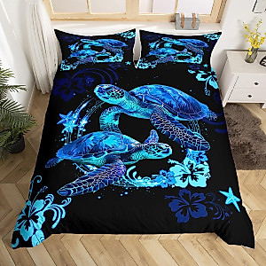 Manfei Sea Turtle Kids Duvet Cover Set Queen Size, Blue Flower Starfish Bedding Set for Boys Girls Adult Bedroom Decor, Marine Animal Theme Comforter Cover, Soft Polyester Quilt Cover, 2 Pillowcases