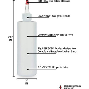 Condiment Squeeze Bottles, 8 OZ Empty Squirt Bottle, Red Top Cap, Leak Proof - for Ketchup, Mustard, Syrup, Sauces, Dressing, Oil, Arts & Crafts, BPA FREE Plastic - Perfect for Kitchen - 2 PACK