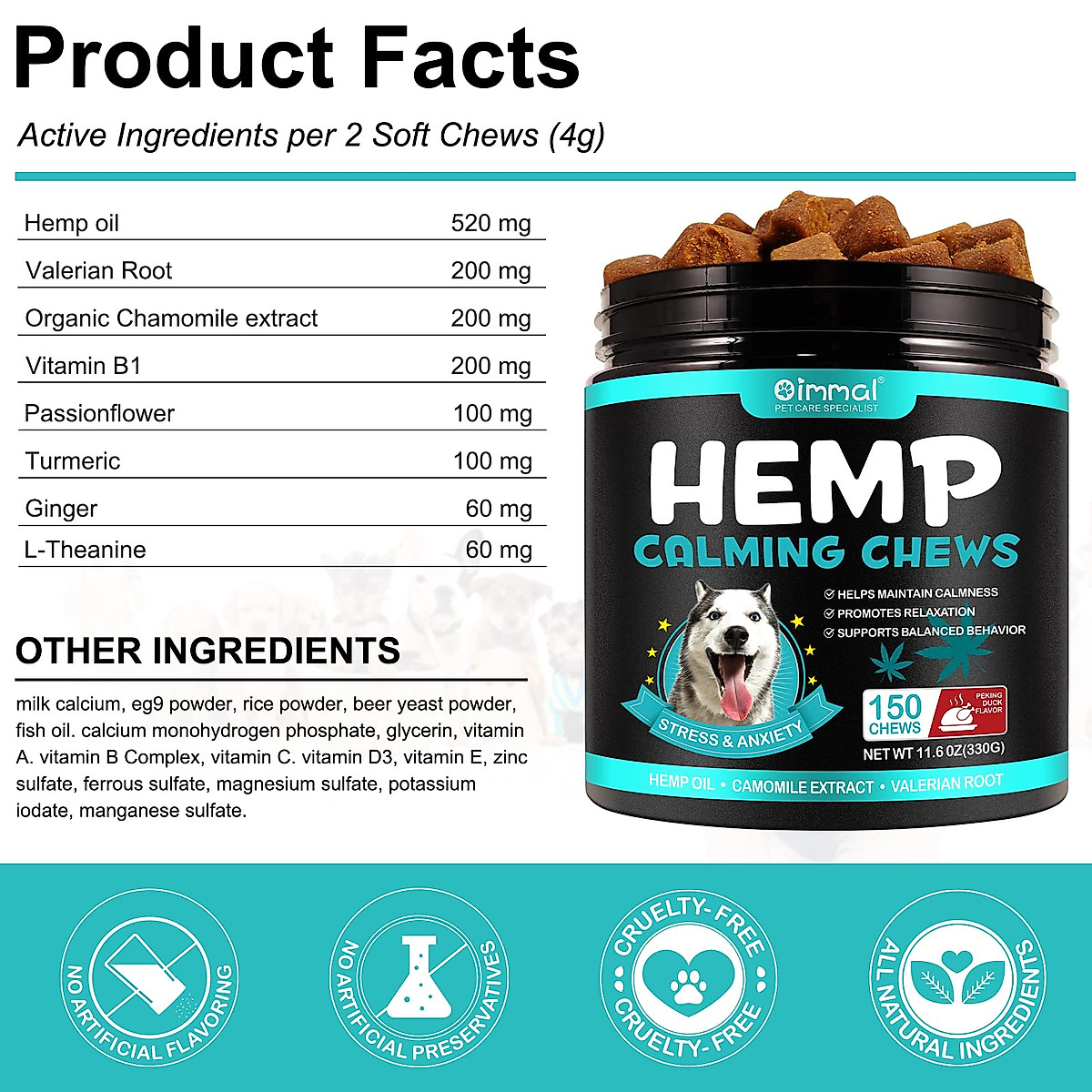 cgify Hemp Calming Chews for Dogs,150 Chews Hemp Dog Treats for Calming,Dog Anxiety Relief from Storms Barking Separation Thunder Travel,Golden Ratio Natural Ingredients,Peking Duck Flavor