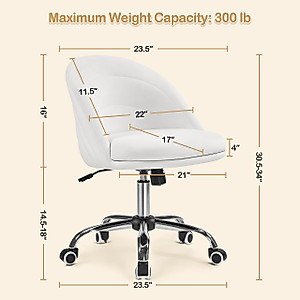 Yaheetech Velvet Cute Desk Chair Armless Office Chair Swivel Vanity Chair with Wheels Adjustable Comfy Desk Chair Soft Rocking Chair for Home Office, Living Room White