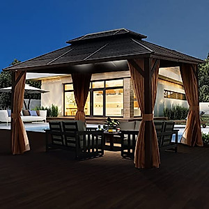 NOBLEMOOD 10’ x 13’ Hardtop Gazebo with Curtains and Netting, Double Roof Outdoor Gazebo with Canopy, Aluminum Frame Permanent Gazebo for Patio Garden