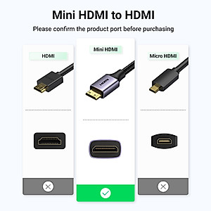 UGREEN Mini HDMI to HDMI Adapter Aluminum Shell Braided 4K 60Hz HDR 3D Compatible with Raspberry Pi Zero 2 W/W Portable Monitor DSLR Camera Camcorder Graphics Card Laptop Projector Tablet, Grey