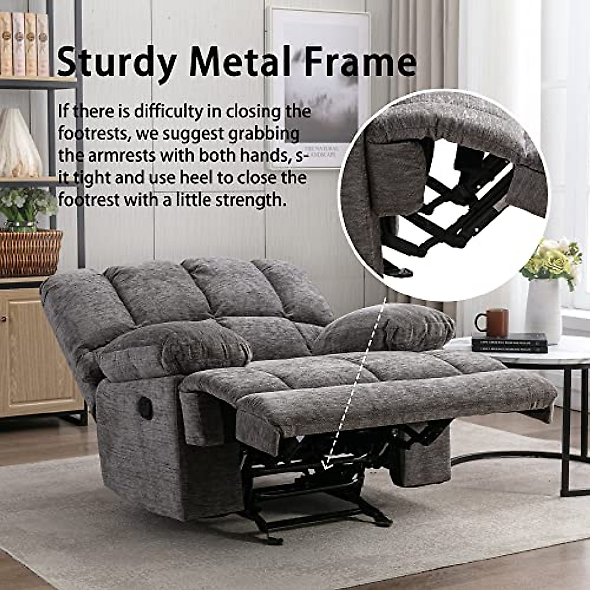 Dreamsir Oversized Rocker Recliner Chair, Manual Recliner Single Sofa Couch, Soft Fabric Overstuffed Rocking Chair for Living Room, Theater Seating for Big Man, Limestone Grey