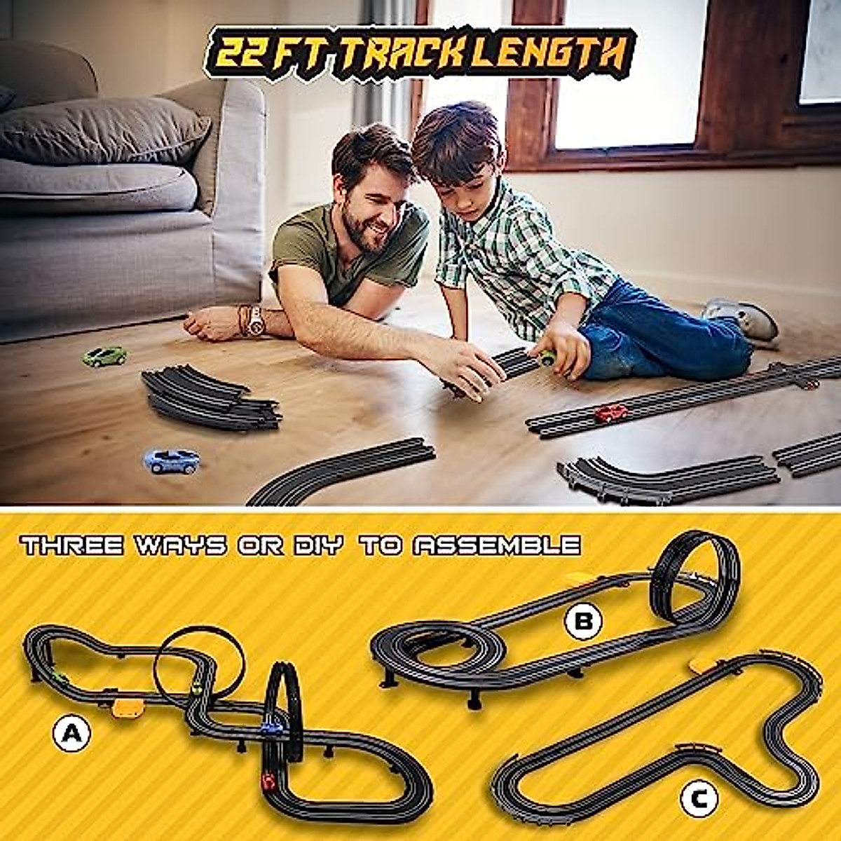 Slot Car Race Track Sets Toys for Kids with 4 Slot Cars & 22 FT Dual Racing Game Lap Overpass Track, High-Speed Race Car Track Toys for Boys, Gifts for 5 6 7 8 9 10 11 12+ Boys Girls