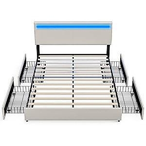 IKIFLY LED Bed Frame with 4 Storage Drawers, Upholstered Queen Size Storage Bed with Adjustable Headboard & LED Lights, Mattress Foundation, No Box Spring Needed, Easy Assembly - White/Queen