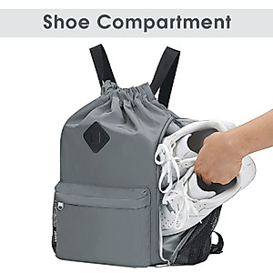 WANDF Drawstring Backpack Sports Gym Bag with Shoes Compartment, Water-Resistant String Backpack Cinch for Women Men(Large,Grey)