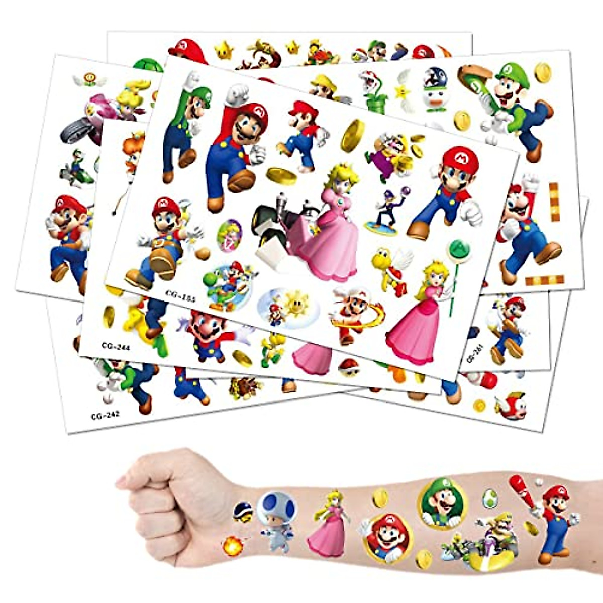 8 Sheets Temporary Tattoos Stickers For Mario, Mario Birthday Party Supplies Decorations Party Favors, Gifts for Boys Girls School Classroom Rewards