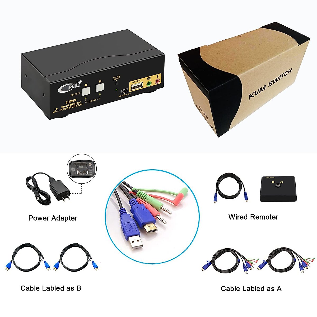 CKL 4K KVM Switch Dual Monitor for 2 Computers 2 Monitors (HDMI+ HDMI 4K@30Hz)