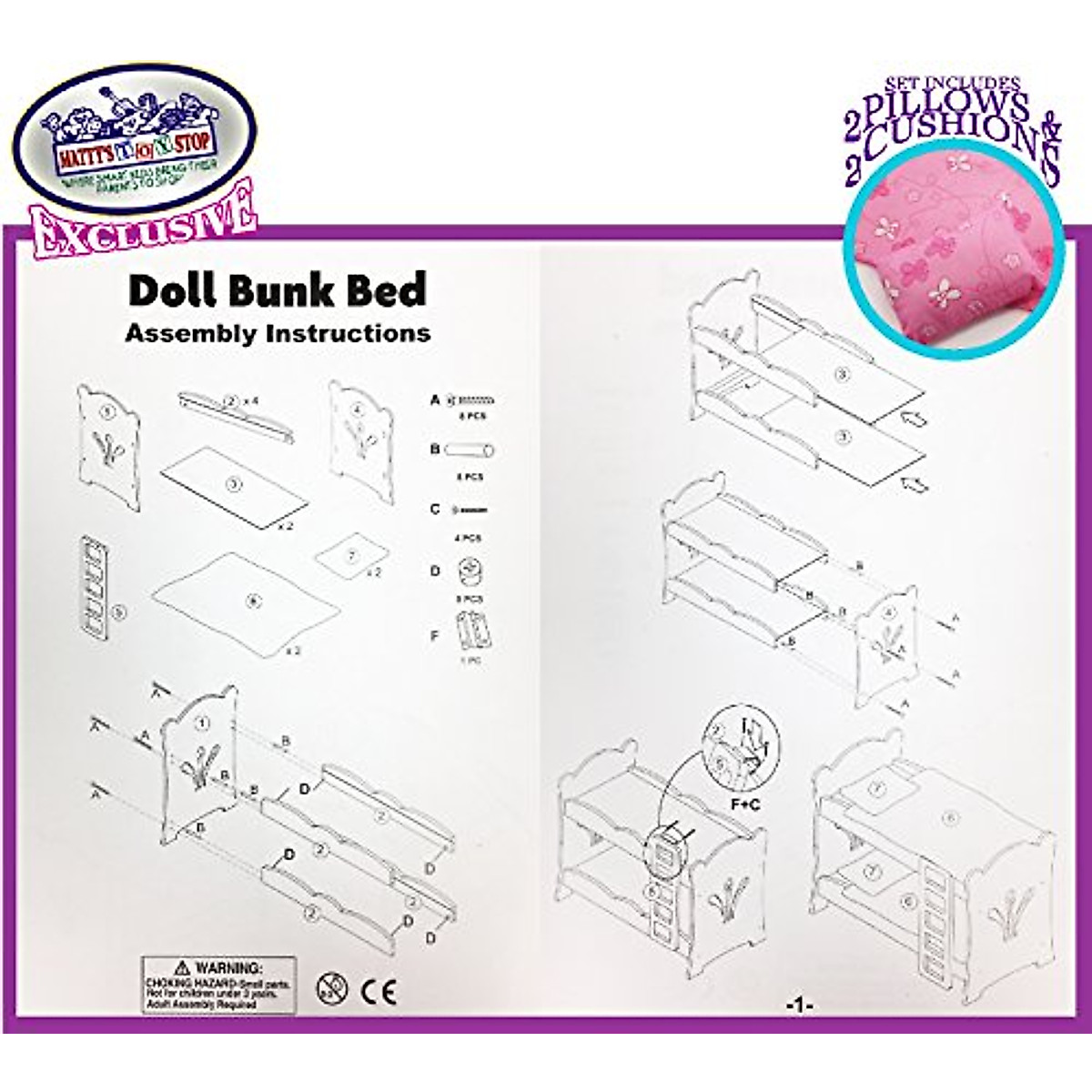 Matty's Toy Stop 18 Inch Doll Furniture White Wooden Bunk Beds with 2 Pink Pillows, 2 Pink Cushions & Ladder - Fits American Girl Dolls