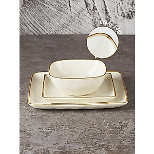 Famiware Dinnerware Sets for 4, Ocean Square 12-Piece Kitchen Plates and Bowls Sets, Microwave and Dishwasher Safe, Scratch Resistant, Vanilla White