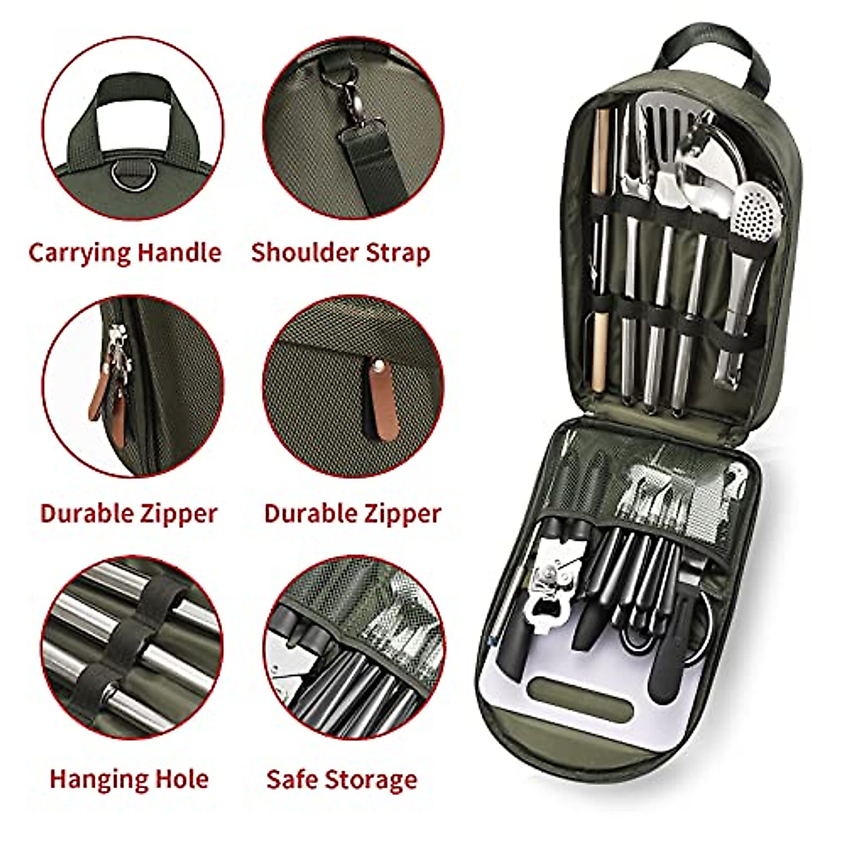 Portable Camping Kitchen Utensil Set-27 Piece Cookware Kit, Stainless Steel Outdoor Cooking and Grilling Utensil Organizer Travel Set Perfect for Travel, Picnics, RVs, Camping, BBQs, Parties and More