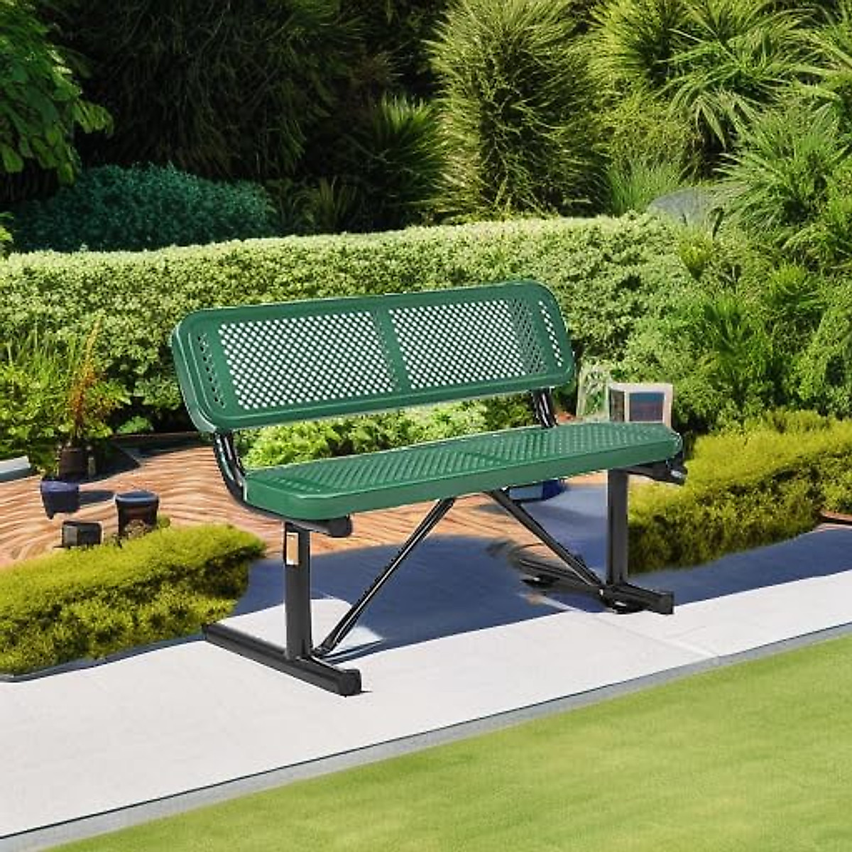 Global Industrial 48" L Outdoor Steel Bench with Backrest, Perforated Metal, Green