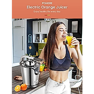 FOHERE Citrus Juicer Electric Orange Juicer with Humanized Handle and Two Size Cones for Grapefruits, Orange and Lemon, Powerful 160W Silent Motor Stainless Steel BPA-Free, Silver