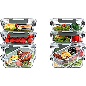 MCIRCO 36oz Single Compartment Glass Meal Prep Containers set of 5 and 36oz 2 Compartments Portion Control Glass Meal Prep Containers set of 5