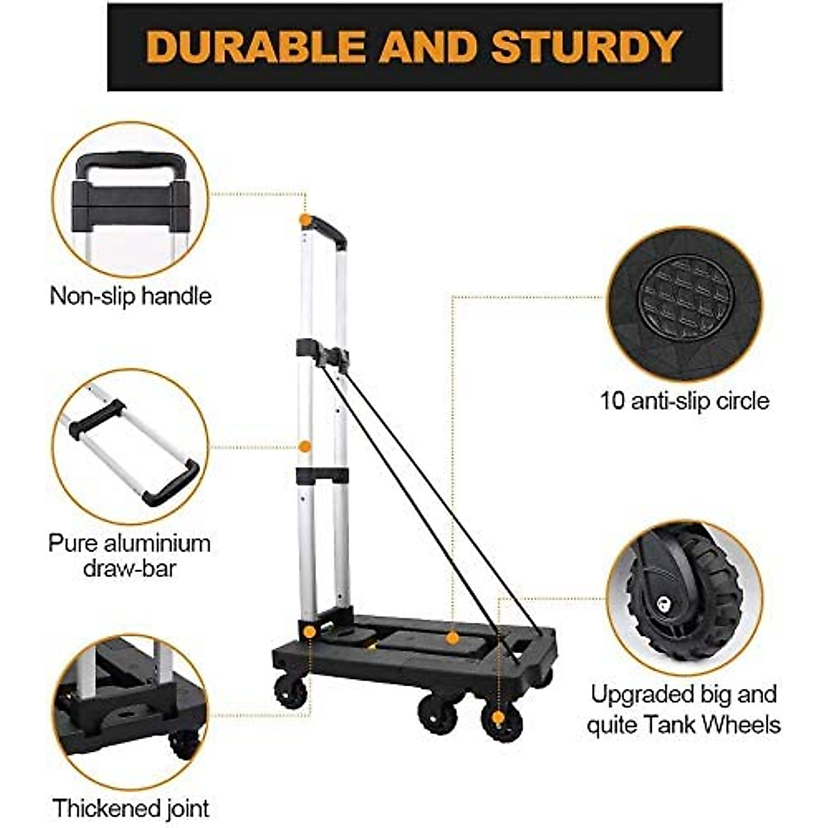 Pansonite Folding Hand Truck, 500 LB Heavy Duty Luggage Cart, Utility Dolly Platform Cart with 7 Wheels & 2 Elastic Ropes for Luggage, Travel, Moving, Shopping, Office Use