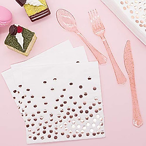 Partylamb White & Rose Gold Party Supplies, 350 PCS Disposable Dinnerware Set with Plates Napkins Cups Forks Knives Spoons for Birthday Baby Bridal Shower Valentine Wedding Party(A1.White & Rose Gold)