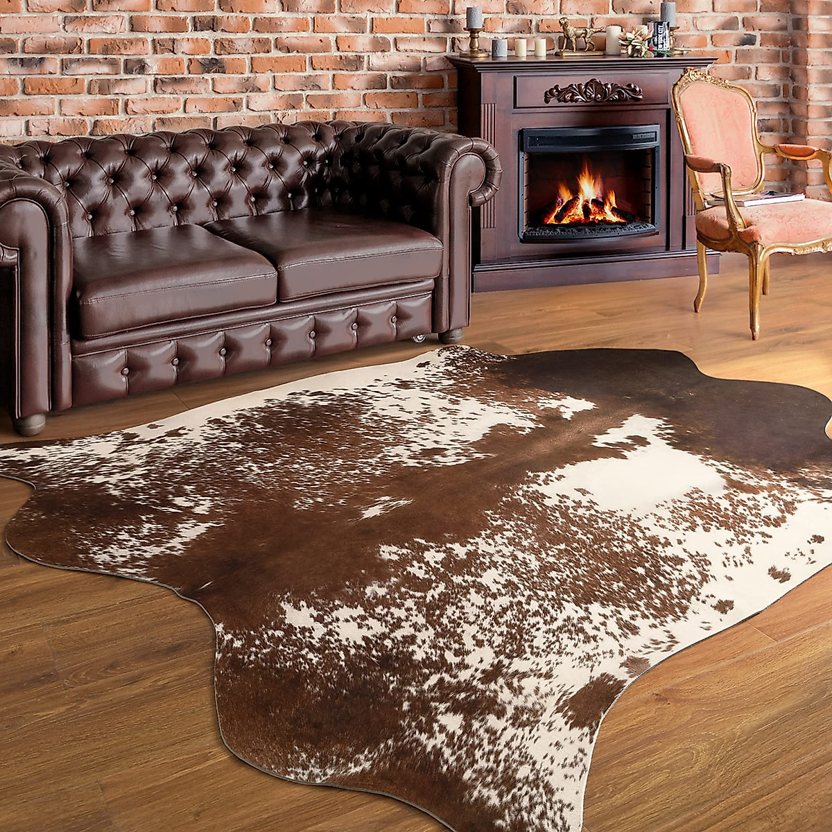 Chicrug Exquisite Faux Fur Cowhide Rug, 4.6 x 5.2 Feet Cow Hide Western Room Decor Rug for Living Room Bedroom, Non Slip Cute Cow Animal Print Floor Carpet for Kids Family, White and Brown