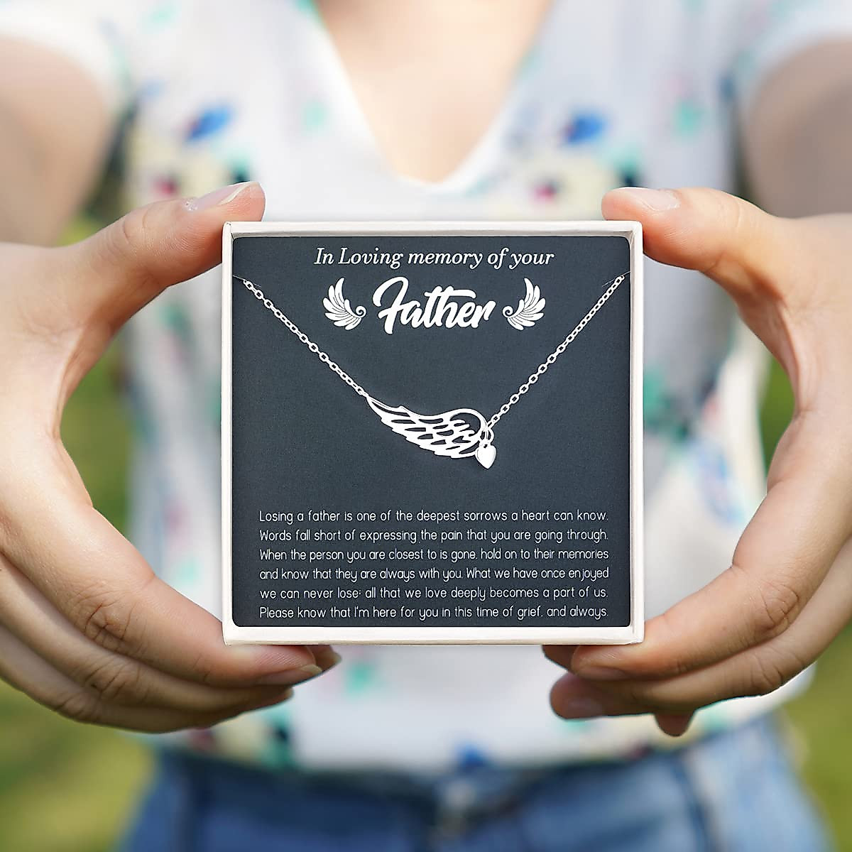 RareLove Sympathy Gifts for Loss of Father,Bereavement Condolence Gifts,Remembrance Gifts,925 Sterling Silver Angel Wing Heart Pendant Necklace,Sorry for Your Loss Gift Memorial Gifts