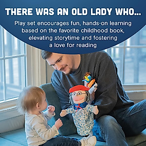 Constructive Playthings Plush "Old Lady" Doll and Animal Finger Puppet Props Set for "There Was An Old Lady Who Live Swallowed a Fly" Children's Book, For Kids Ages 3+
