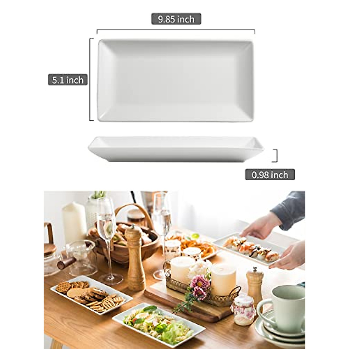 LAUCHUH Serving Platter, 10” Rectangular Plates Serving Tray Porcelain Platters for Parties, Sushi, Dessert Microwave and Dishwasher Safe Set of 4, White