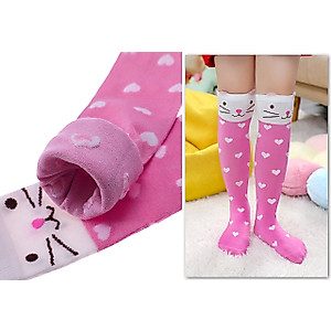 POEATEZO 3-12 Years Girls Knee High Socks Kids Funny Animal Pattern Warm Cotton Long Tall Boot Socks 6 Pairs (Cute Animals-B)