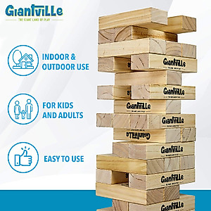 Giantville Giant Tumbling Timber Toy - Premium Pine Wood Life-Size Blocks Tower - Big Floor/Board Indoor/Outdoor Yard Game for Kids & Adults - 56-Pieces + Storage/Carry Bag - Grows to Over 5-Feet