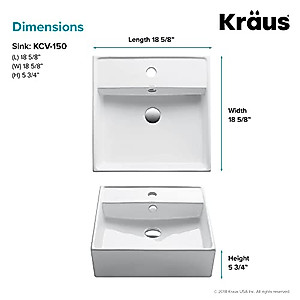 Kraus KCV-150 Elavo Square Vessel Porcelain Ceramic Bathroom Sink with Overflow, 18 1/2, 18.63, White