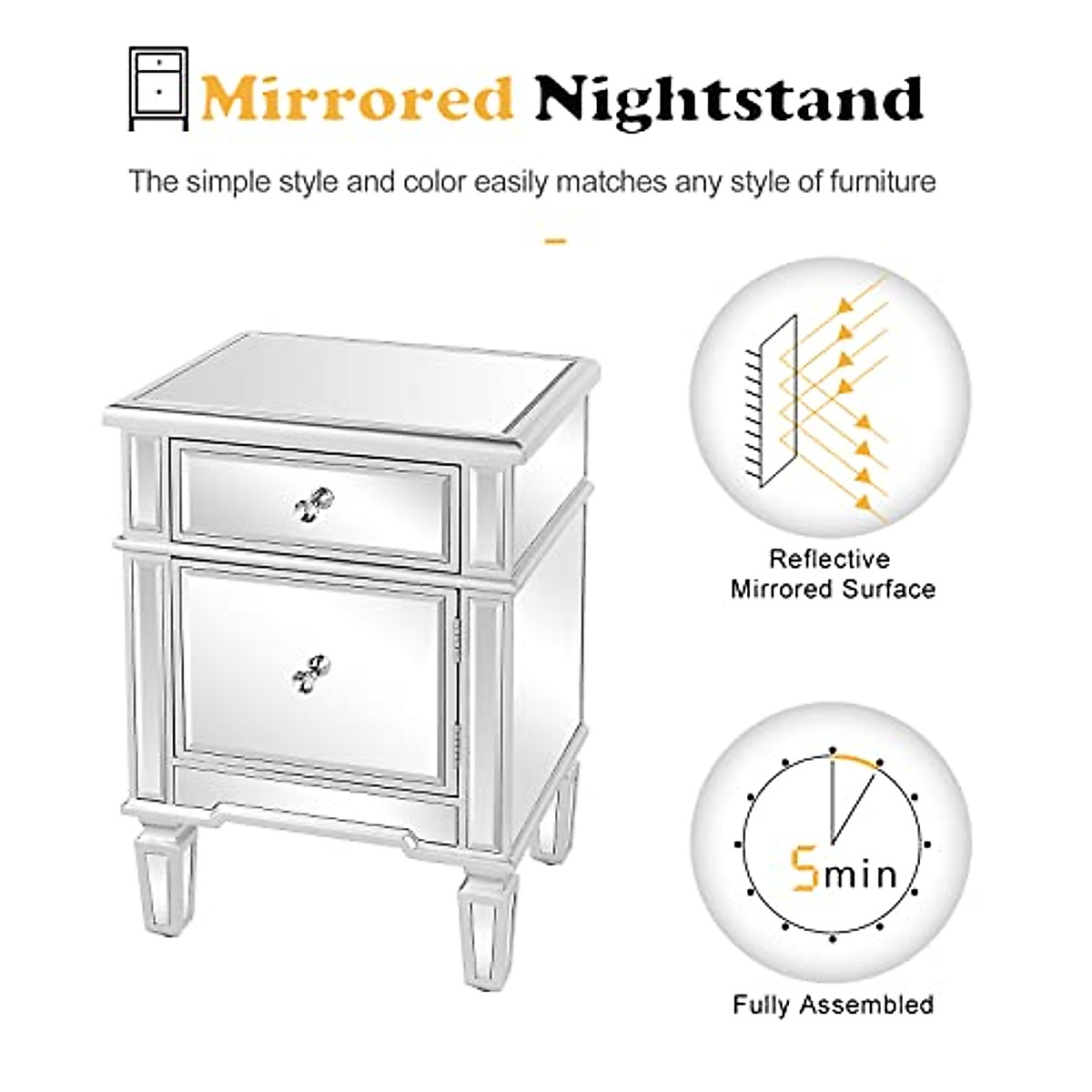VINGLI Nightstands Set of 2 Mirrored Side Tables Glass End Table with Drawer for Bedroom, Silver