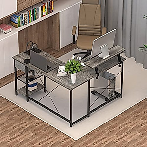 PONROL L Shaped Computer Desk with Storage Drawer Shelves and Monitor Stand, Modern Reversible Corner Gaming Table Sturdy Writing Workstation for Home Office