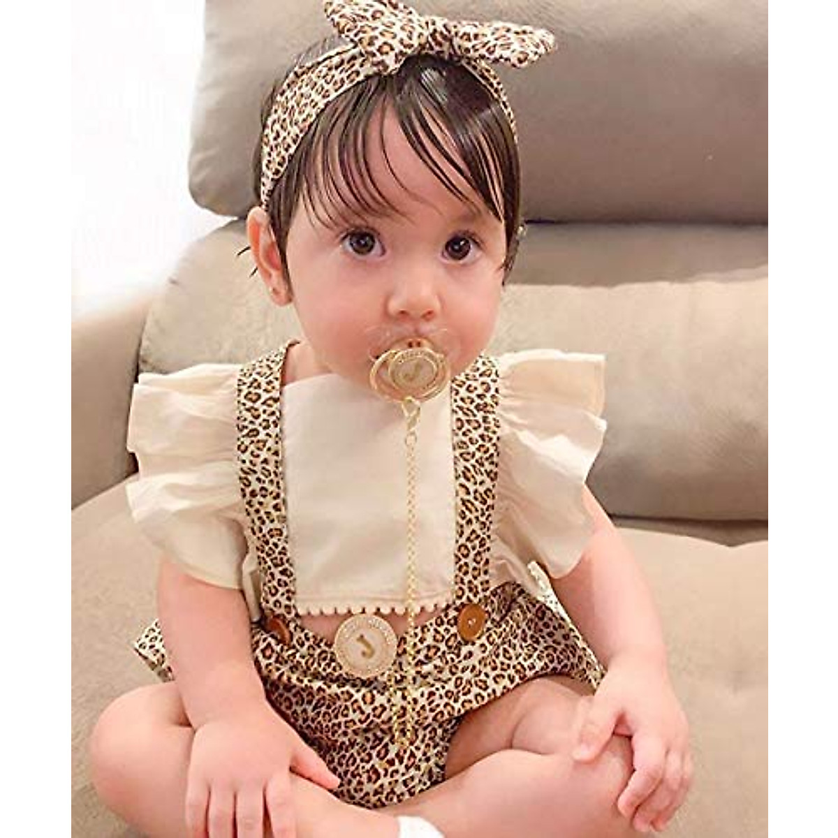 2Pcs Newborn Baby Girl Leopard Ruffles Sleeve Bodysuits Jumpsuit Headband Clothes Romper Set (A-Leopard, 0-6 Months)