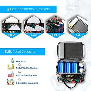 TOMULE Insulated Lunch Bag for Men Women - 3+years old (8.5L, red floral)