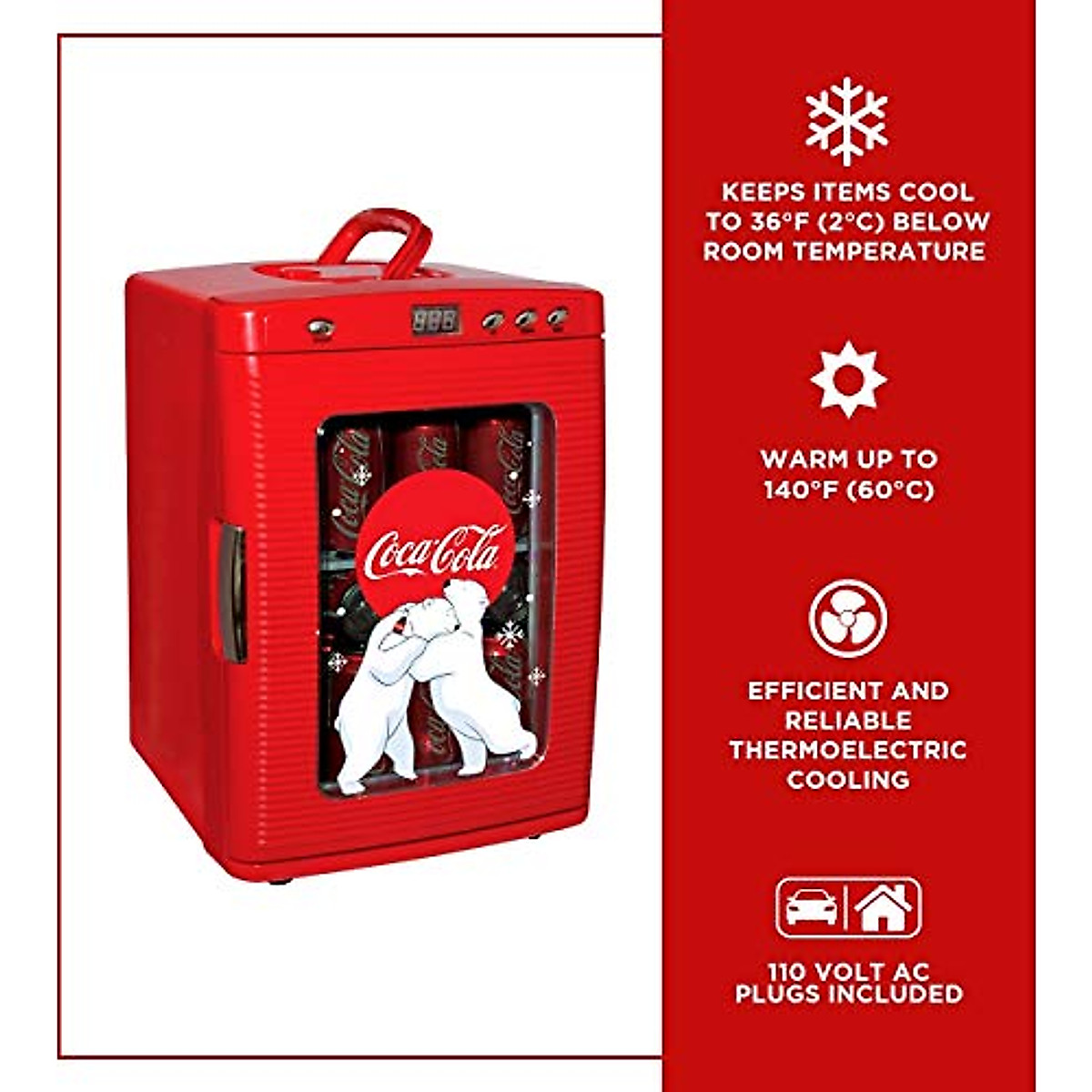 Coca-Cola Polar Bear 28 Can Cooler/Warmer w/ 12V DC and 110V AC Cords, 25L (28 qt) Portable Mini Fridge w/Display Window, Travel Refrigerator for Snacks Lunch Drinks, Desk Home Office Dorm, Red