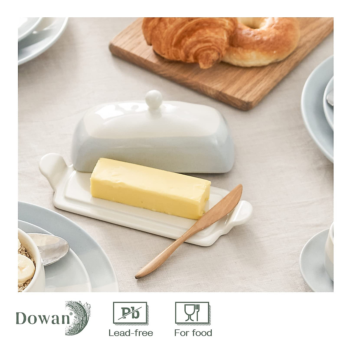 DOWAN Butter Dish, Ceramic Butter Keeper for Countertop, 8.6 inch Butter Holder with Handle Cover, for Home Kitchen Decor, Butter Container Perfect for East West Coast Butter, Light Blue & White